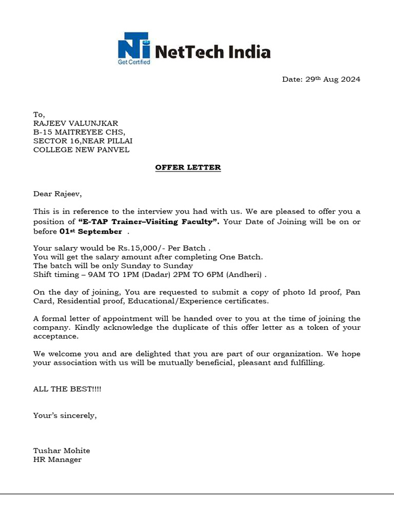 E-TAP Trainer Offer Letter for Rajeev | PDF