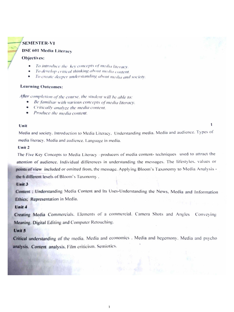 media literacy...sem 6...syllabus | PDF