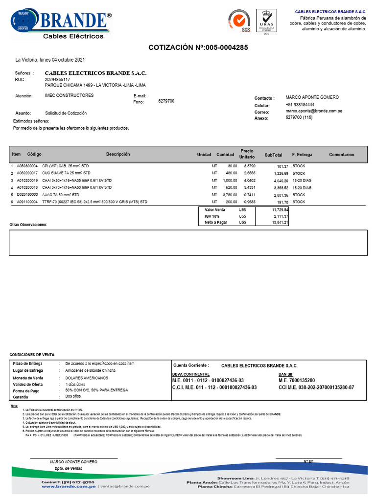 Cotizacion #4285 - Imec Constrctores | PDF | Conjuntos de elementos químicos | Materiales