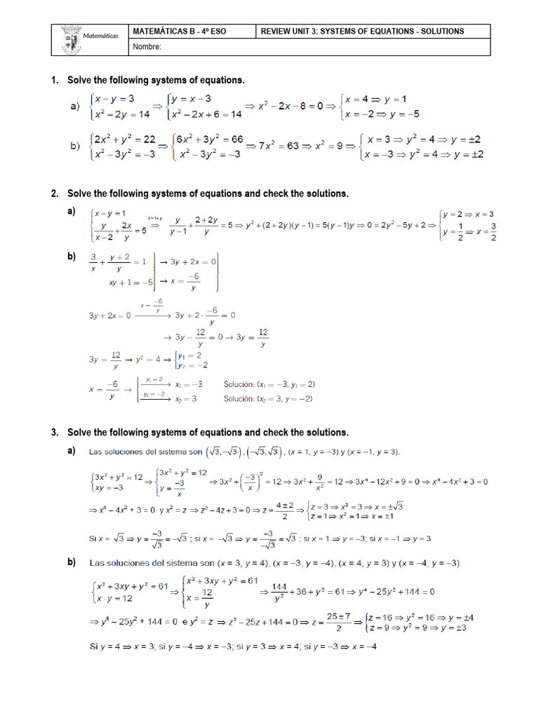 Systems of Equations Review 4º ESO | PDF