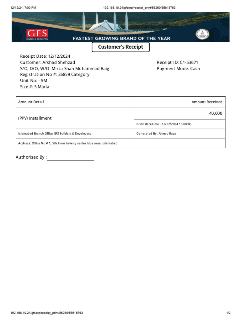 Customer Receipt for GFS Builders | PDF