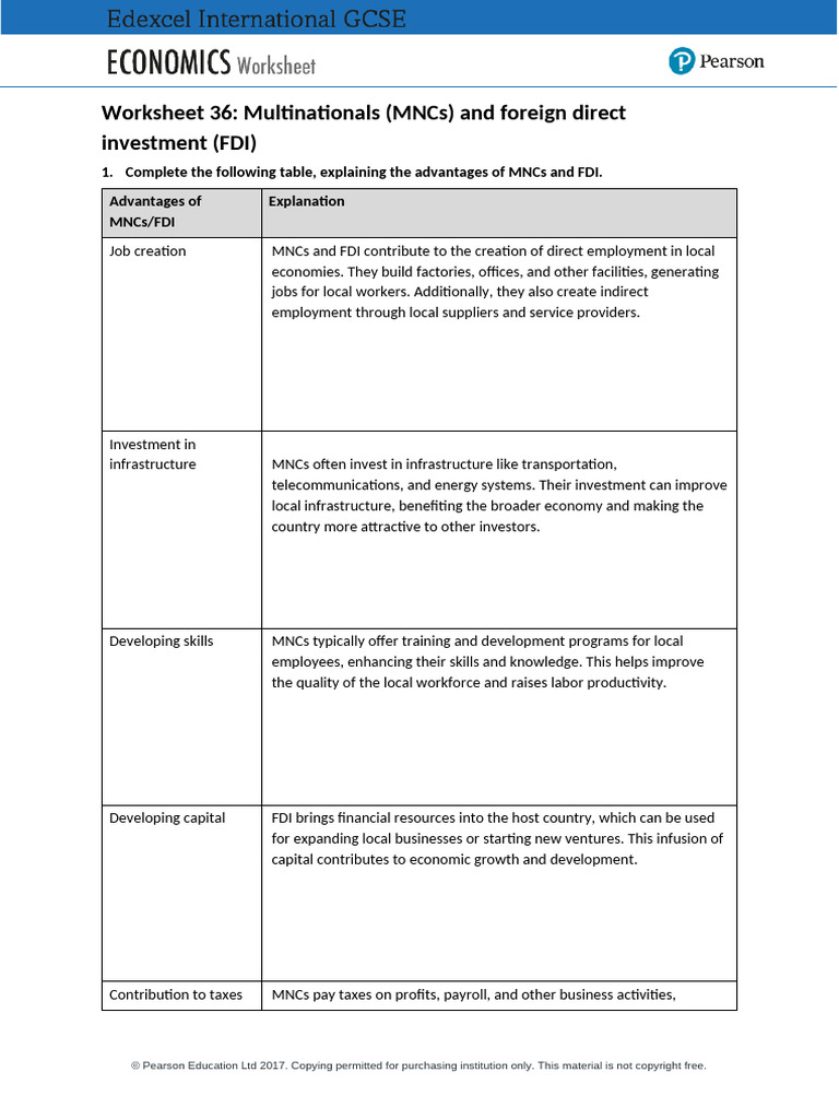 Igcse Eco Worksheet 36 Mncs and Fdi | PDF | Multinational Corporation | Foreign Direct Investment