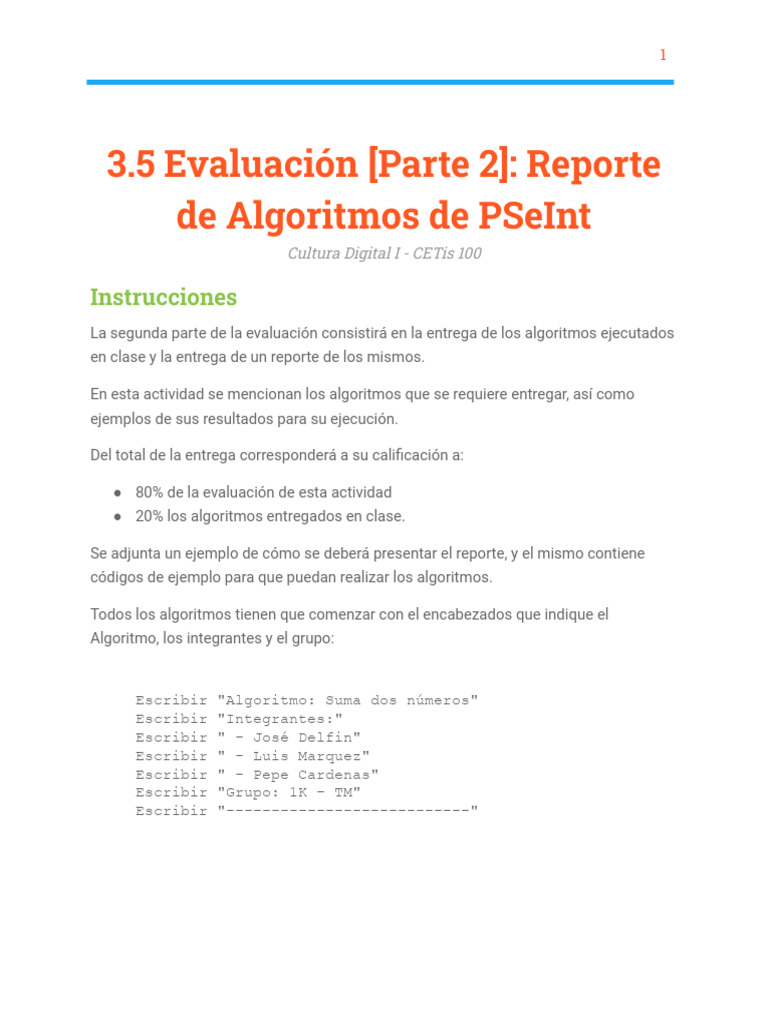 3.5 Evaluación (Parte 2) Reporte de Algoritmos de PSeInt - CD-2024 | PDF | Algoritmos | Informática