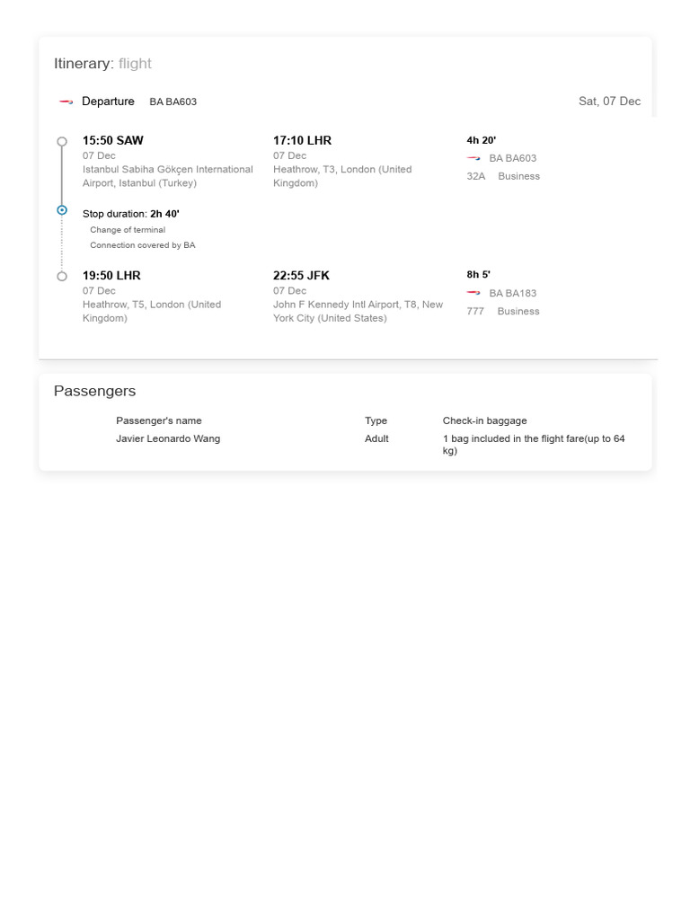 Booking Confirmation Flight BA BA603 Itinerary. | PDF
