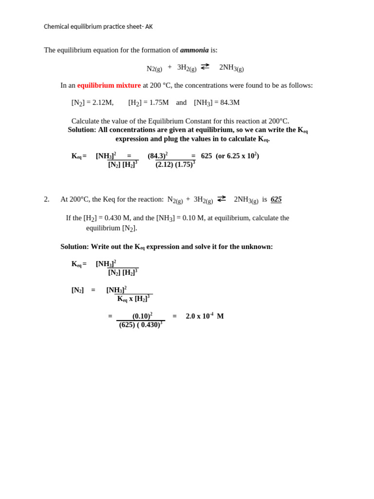 Chemical Equilibrium Practice sheet-AK | PDF | Chemical Equilibrium ...