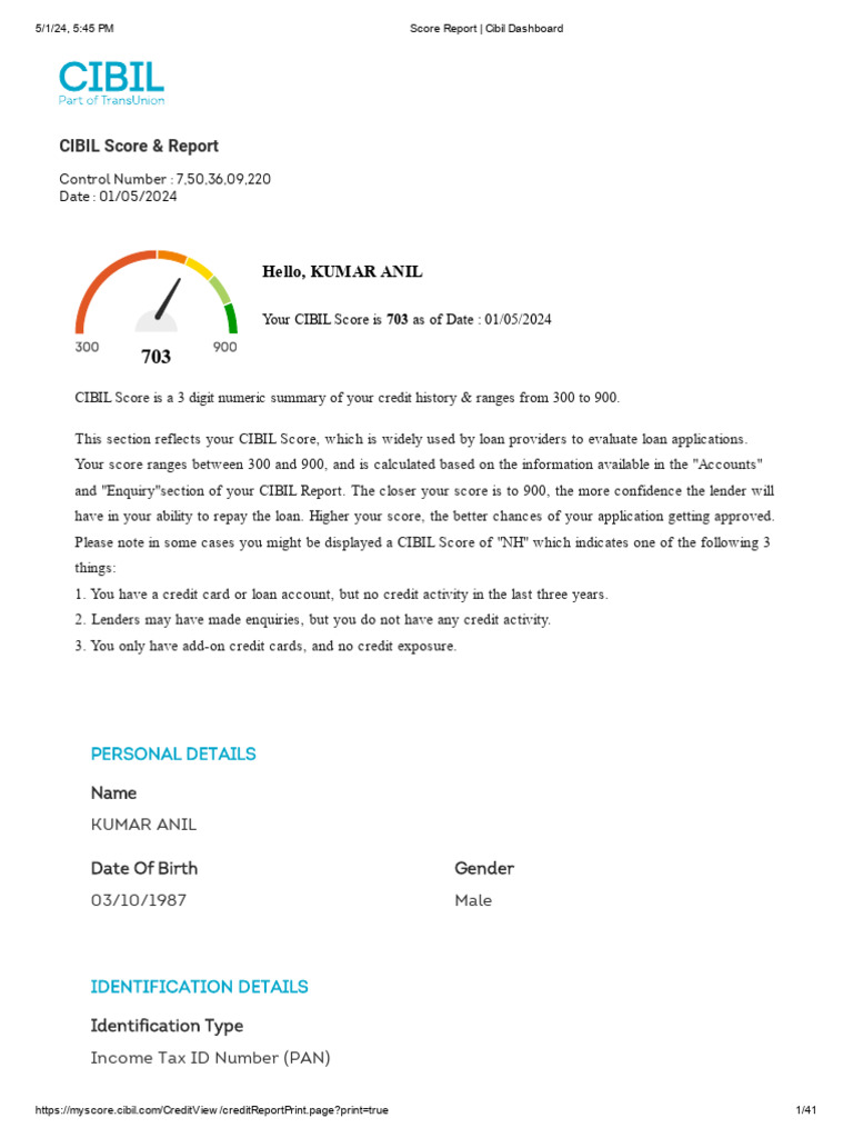 CIBIL Score Report for Kumar Anil | PDF | Finance & Money Management ...