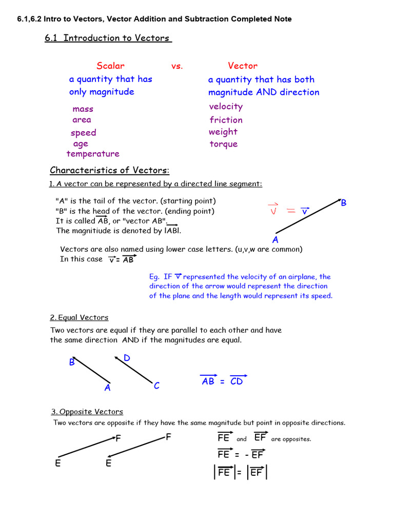 6.1,6.2 Intro To Vectors, Vector Addition and Subtraction Completed Note | PDF | Euclidean ...