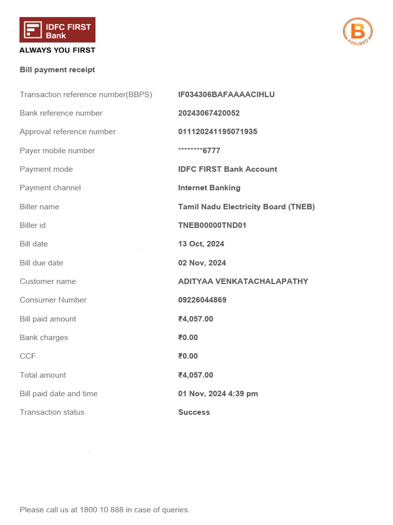 TNEB Bill Payment Receipt Details | PDF