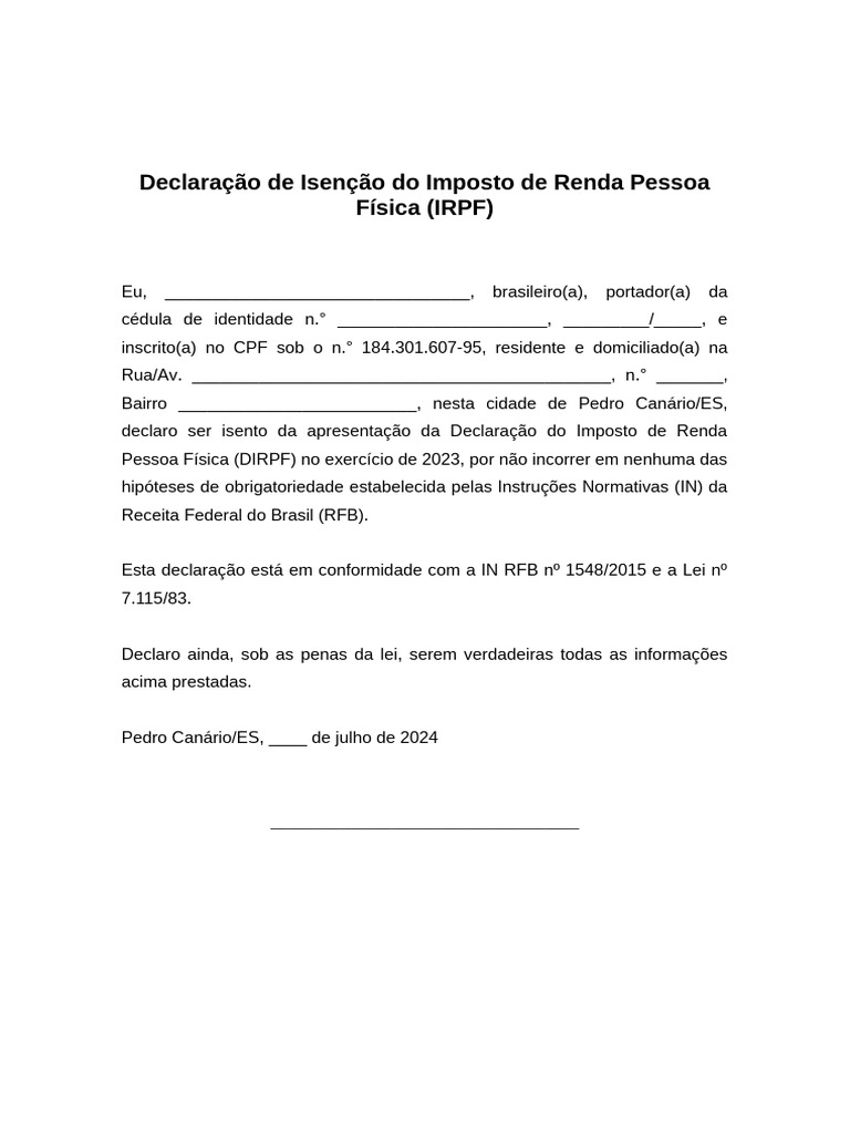 Declaração de Isento Declaração Ir | PDF