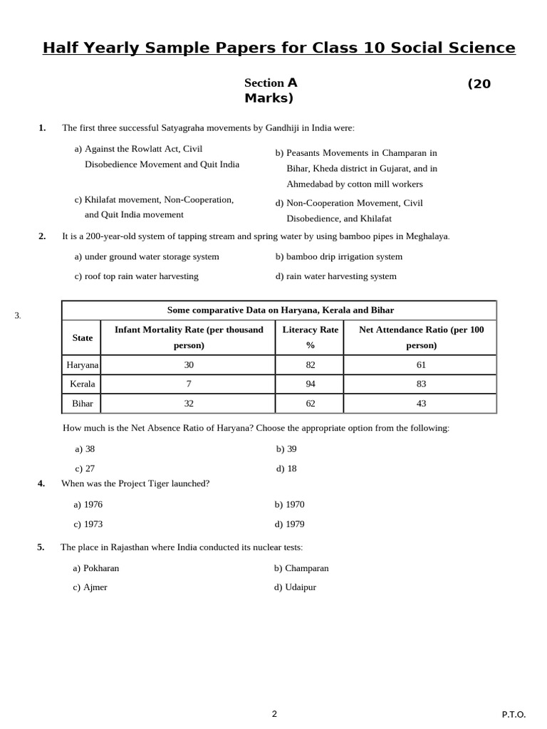 Half Yearly Sample Paper For Class 10 SST | PDF