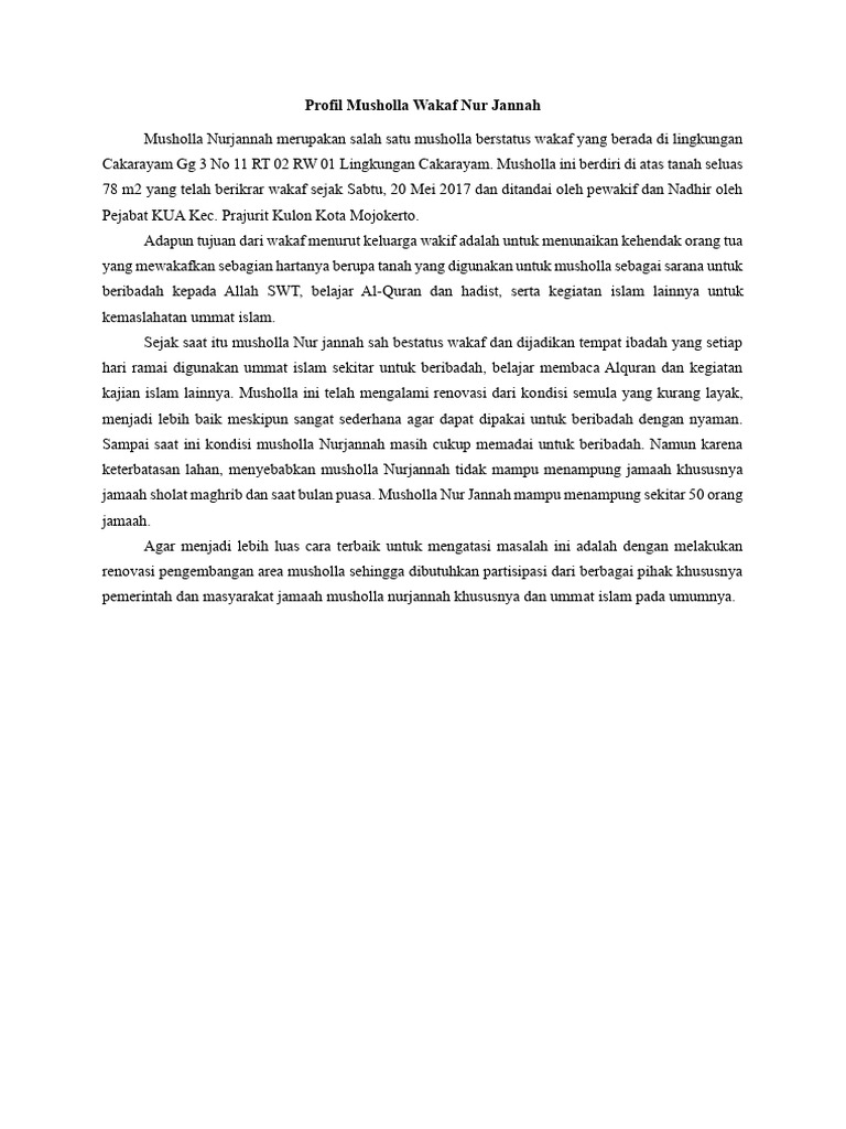 Sejarah Musholla Wakaf Nur Jannah | PDF