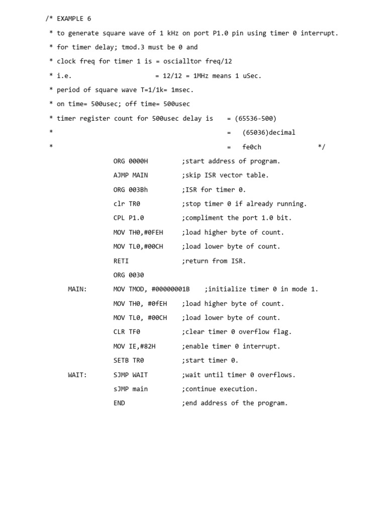 Program To Generate Square Wave of 1 KHZ On Port p1 0 Pin Using Timer 0 Interrupt | PDF