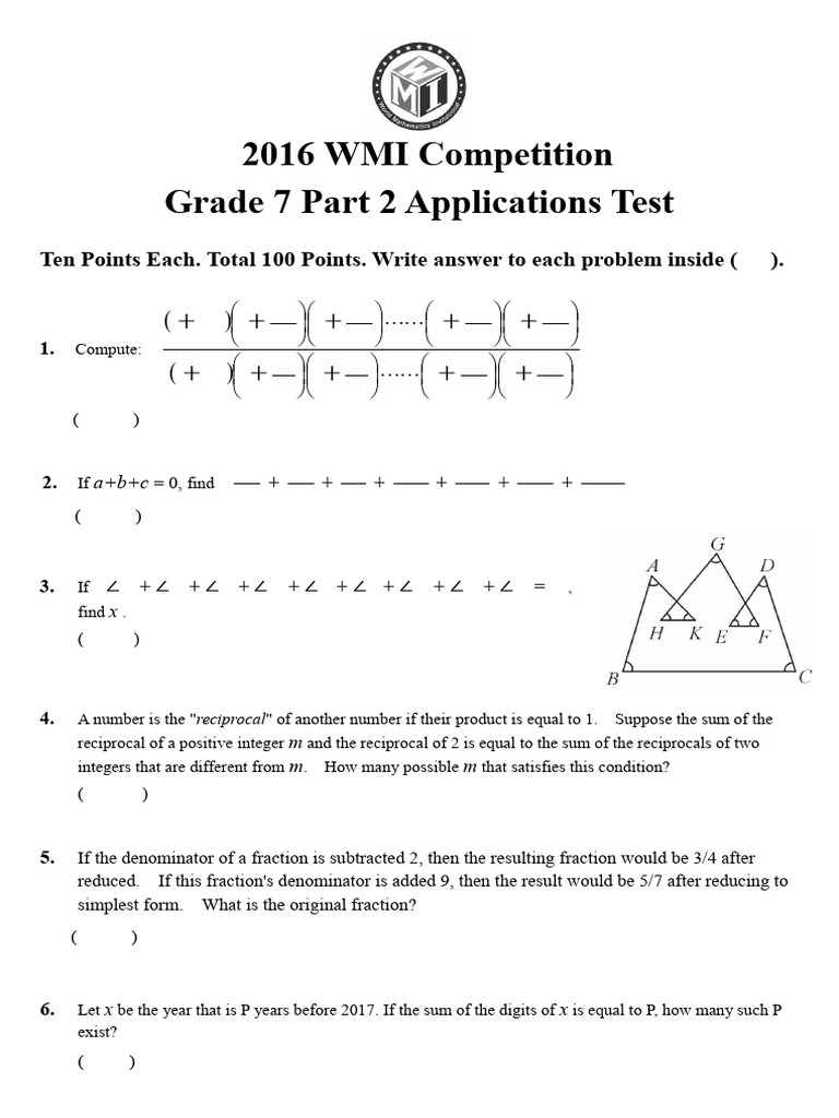 WMI Grade 7 Applications Test 2016 | PDF | Numbers | Arithmetic