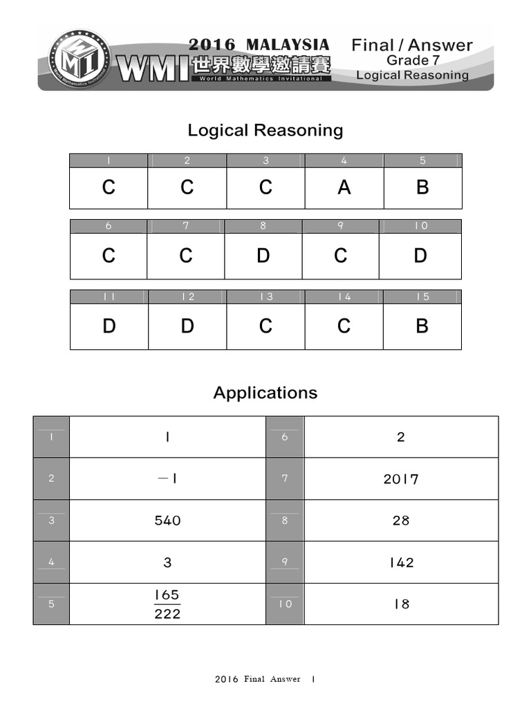 2016 WMI Grade 7 Answer | PDF