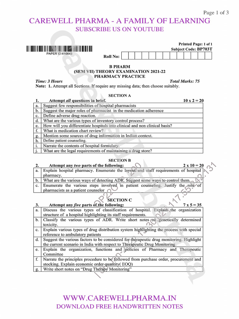 Pharmacy Practice, 7th Sem, AKTU Previous Year Question Paper, Carewell Pharma | PDF