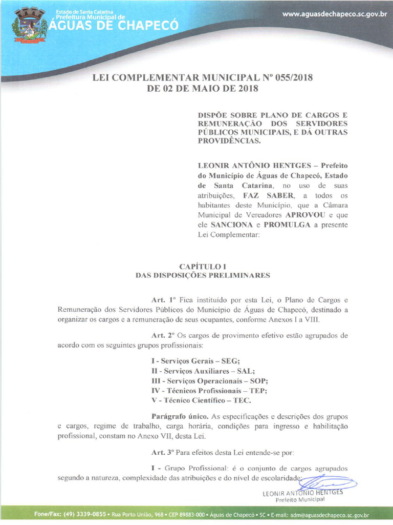 Lei Complementar N 055 2018 Plano de Cargos e Remuneracao Dos Servidores | PDF