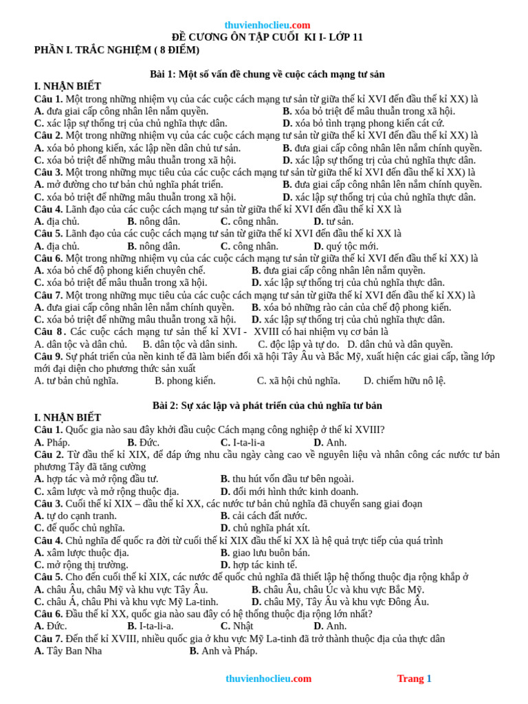 thuvienhoclieu.com-De-cuong-on-tap-HK1-Lich-su-11-KNTT | PDF