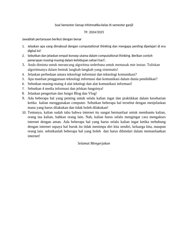 Soal PAS Infotmatika kelas IX semester ganjil 2024 2025 | PDF