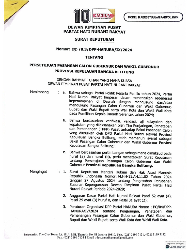 30 September 2024 - Surat Arahan DPP HANURA Untuk Gubernur BABEL | PDF