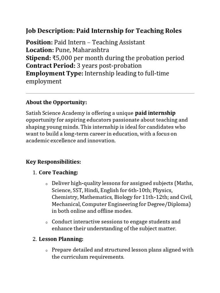 Job Description For Internship | PDF | Teachers | Curriculum