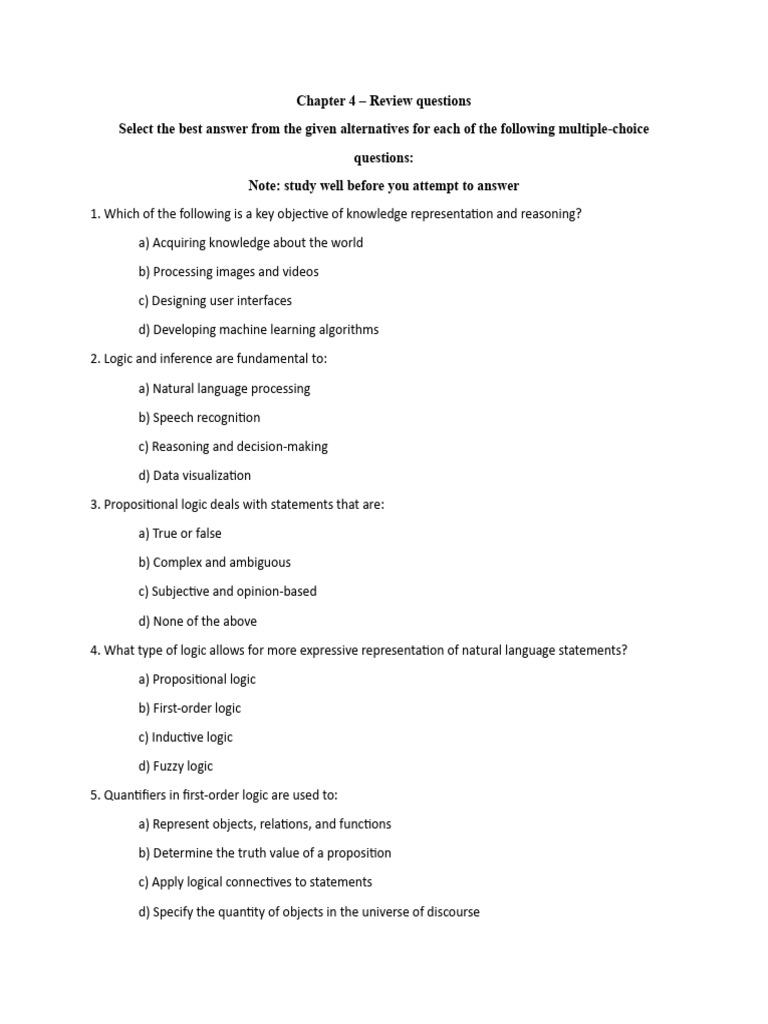 AI - Chapter 4 Review Questions | PDF | Logic | Knowledge Representation And Reasoning