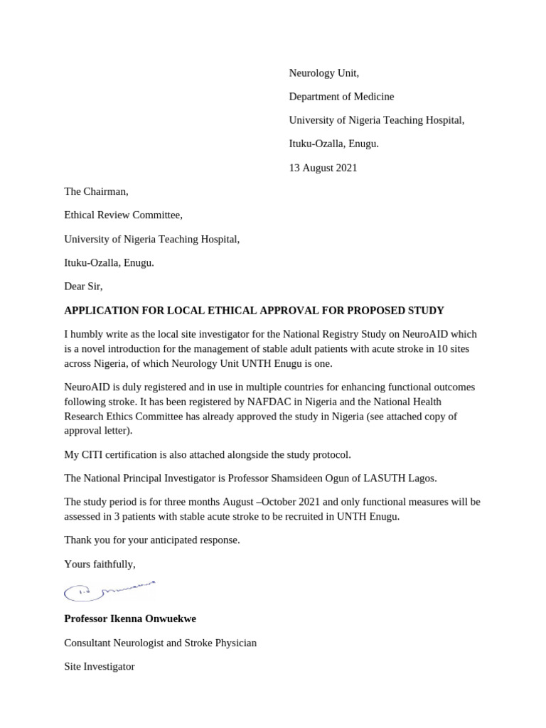 NEUROAID Study Letter For Ethical Approval | PDF