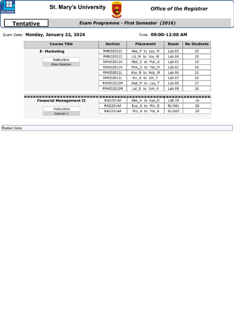 Regular Senior Students Tentative Final Exam Schedule | PDF