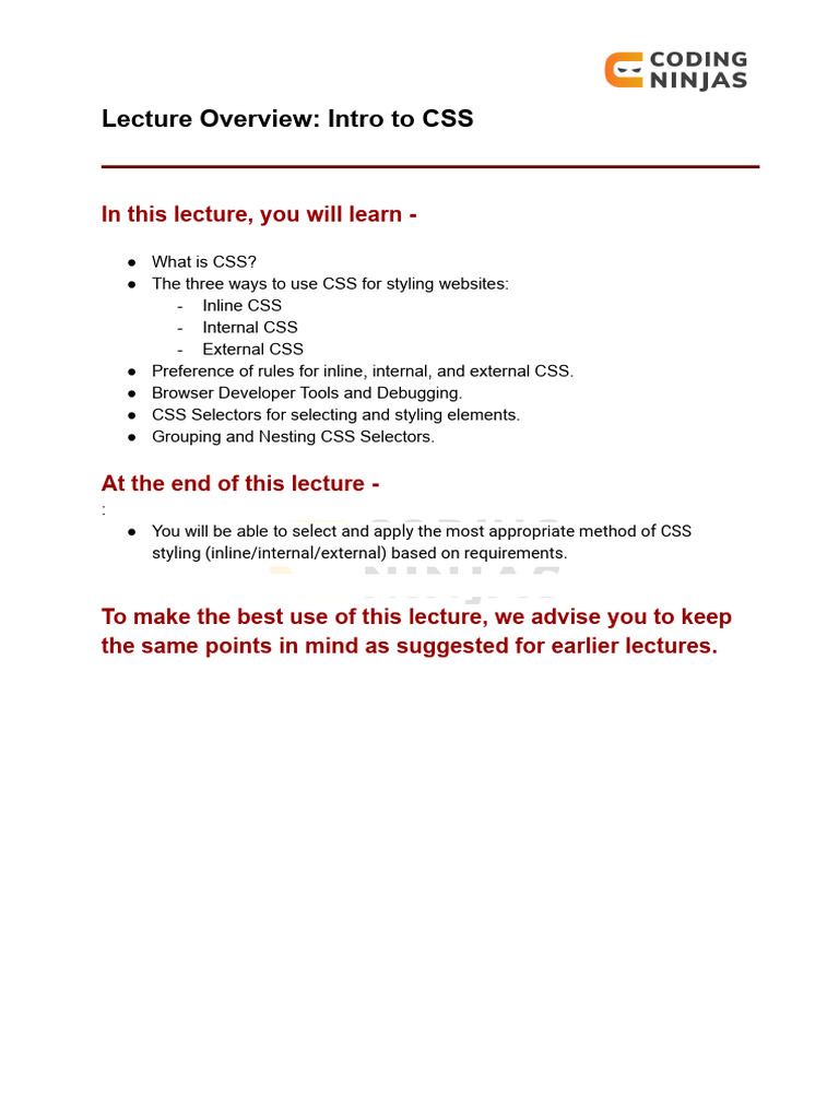 01-Lecture Overview - Intro to CSS | PDF