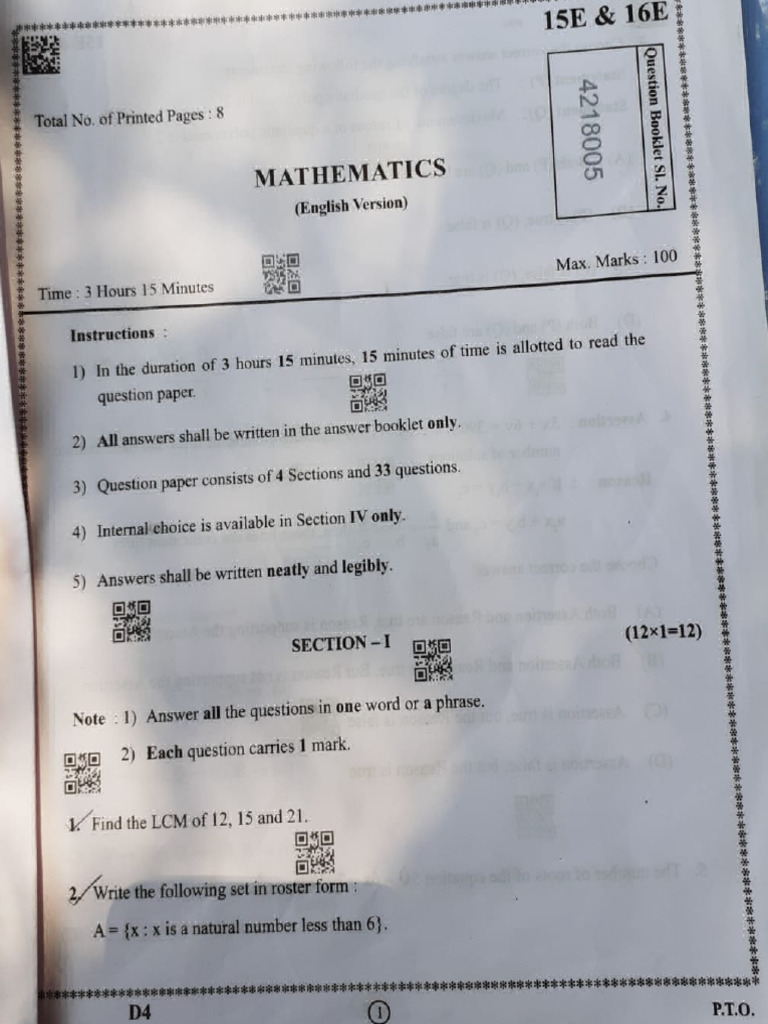 AP Board Class 10 April10 Maths Question Paper 2023 | PDF