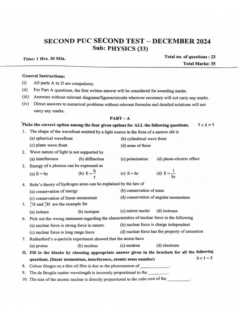 II PU PHY 2nd Quarterly Test Dec-2024 | PDF