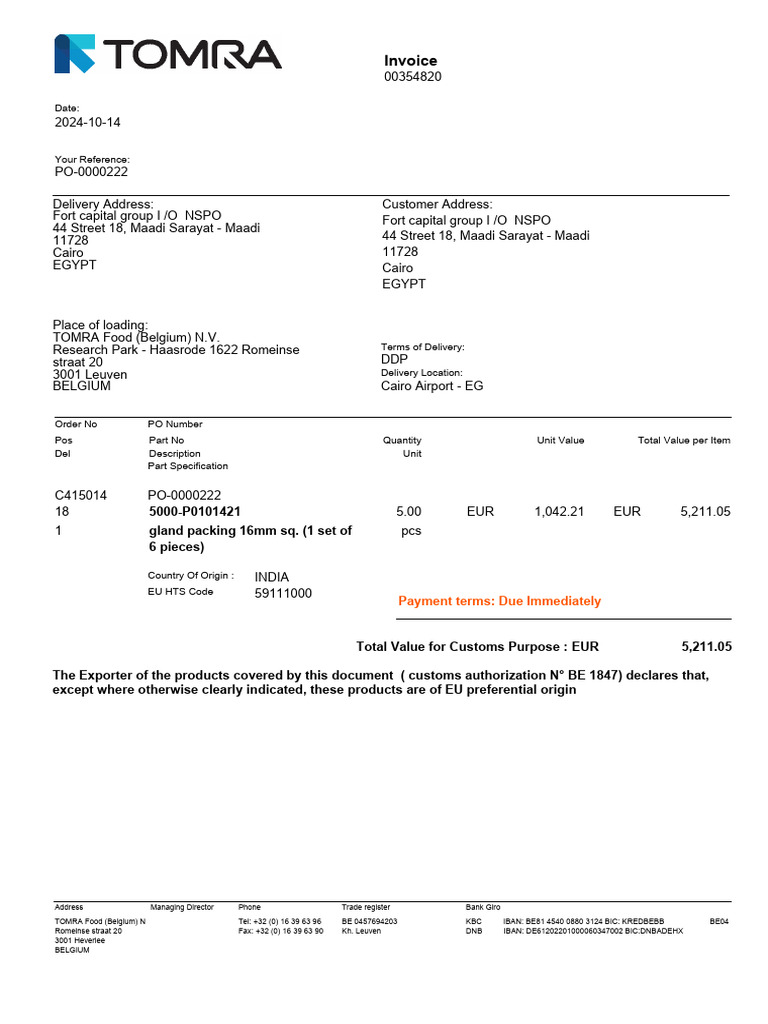 Invoice for Gland Packing Order to Egypt | PDF | Payments | Banking ...