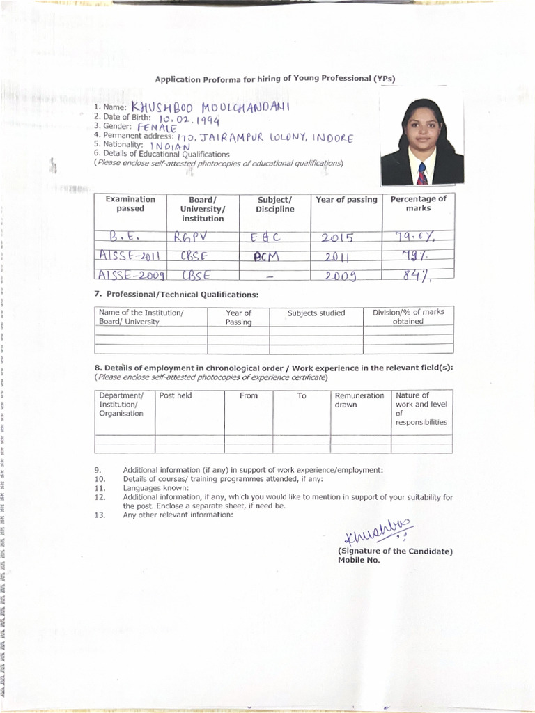 Application Proforma for Hiring of Young Professional (YPs) | PDF
