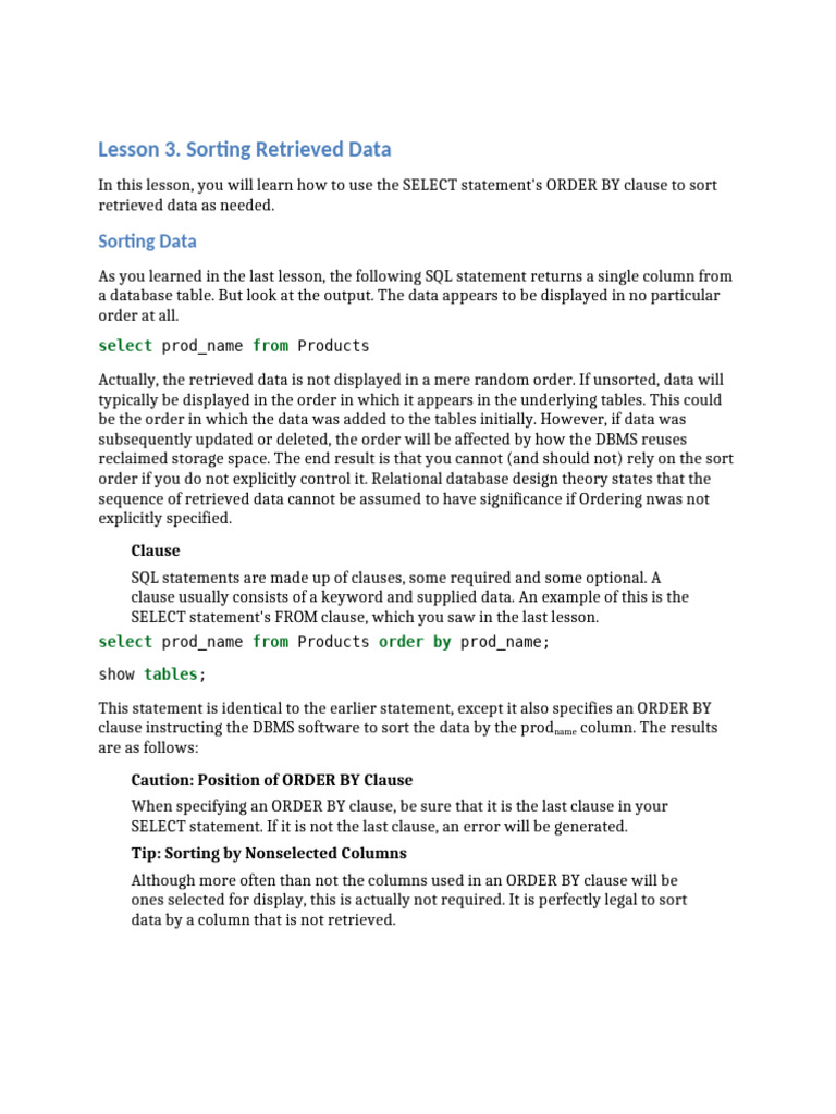 SQL Data Sorting with ORDER BY Clause | PDF | Databases | Data ...