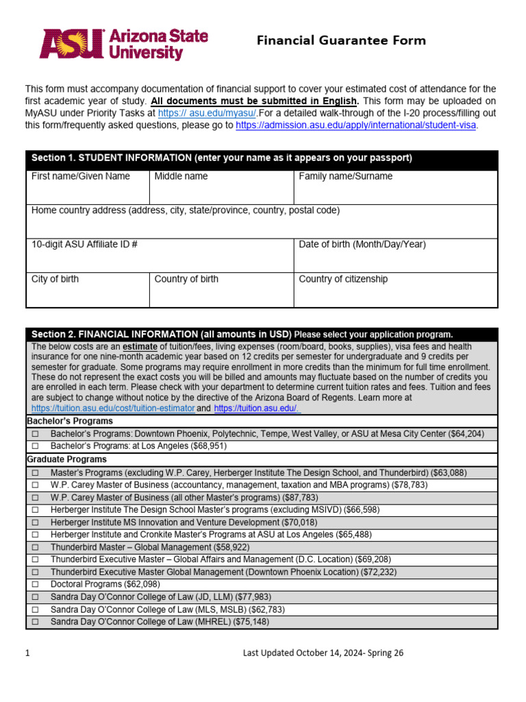 Financial Guarantee Form 2024 2025 AY (FINAL) | PDF | Banks | Arizona ...