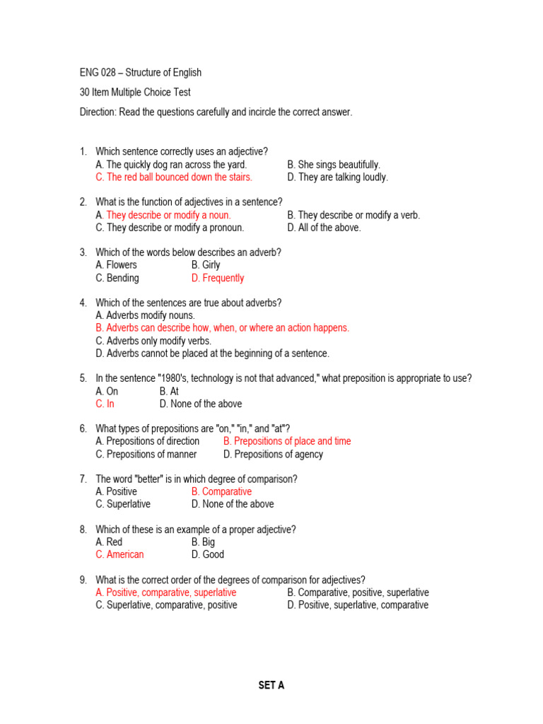 ENG 028 - SET A (ANSWER KEY) | PDF | Adverb | Adjective