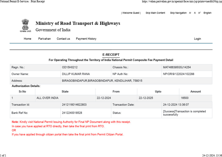 National Permit Payment Receipt | PDF | Payments | Services (Economics)