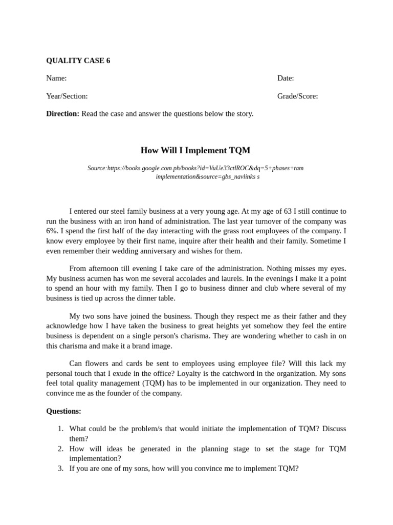 TQM Quality Case 6 | PDF
