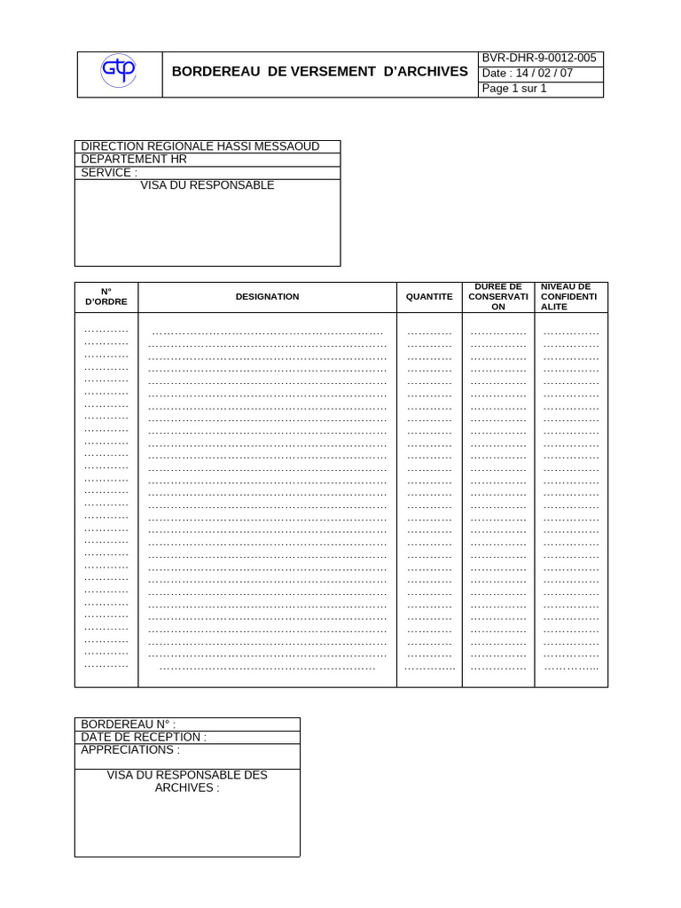 005 Bordereau Versement Archive | PDF