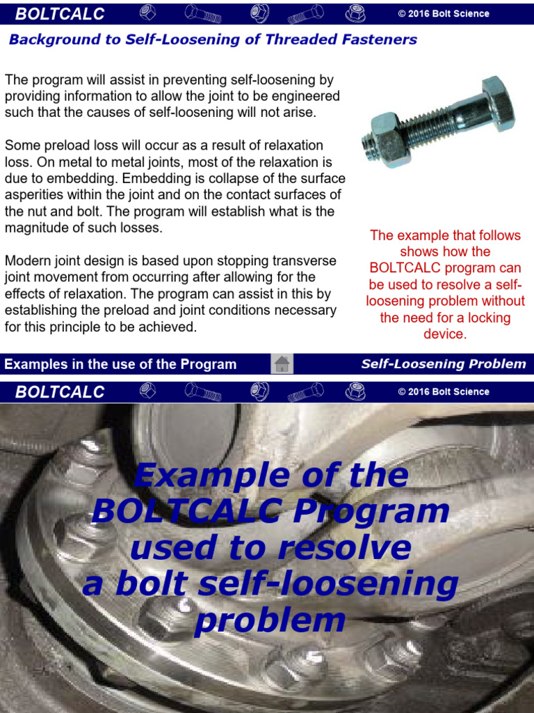 BOLTCALC PROGRAM - Self-Loosening of Threaded Fasteners | PDF ...