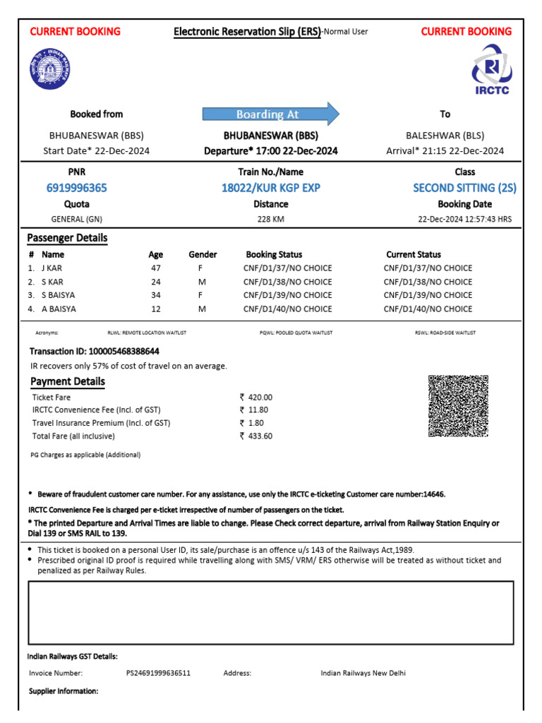 18022/KUR KGP EXP Second Sitting (2S) | PDF | Identity Document | Payments