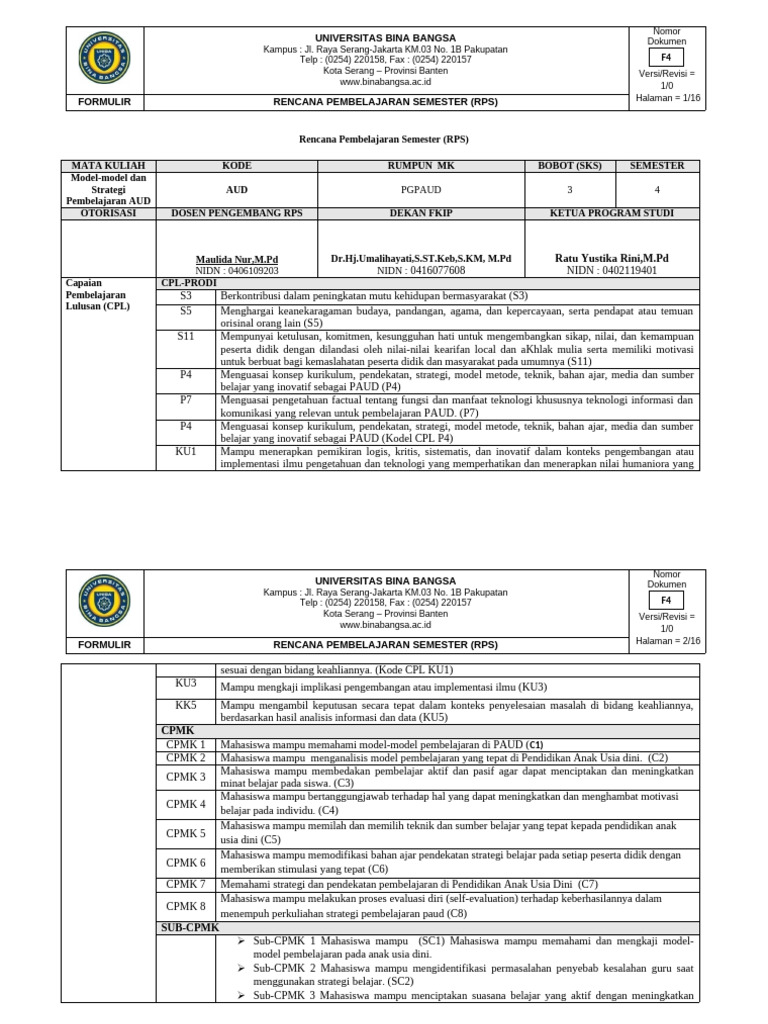 F4 (RPS) Kurikulum, Strategi, Model-Model Paud | PDF
