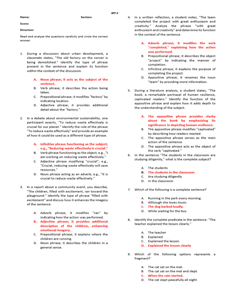 ENG028 P3 SUMMATIVE (SET A - WITH KEYS) | PDF | Adverb | Adjective