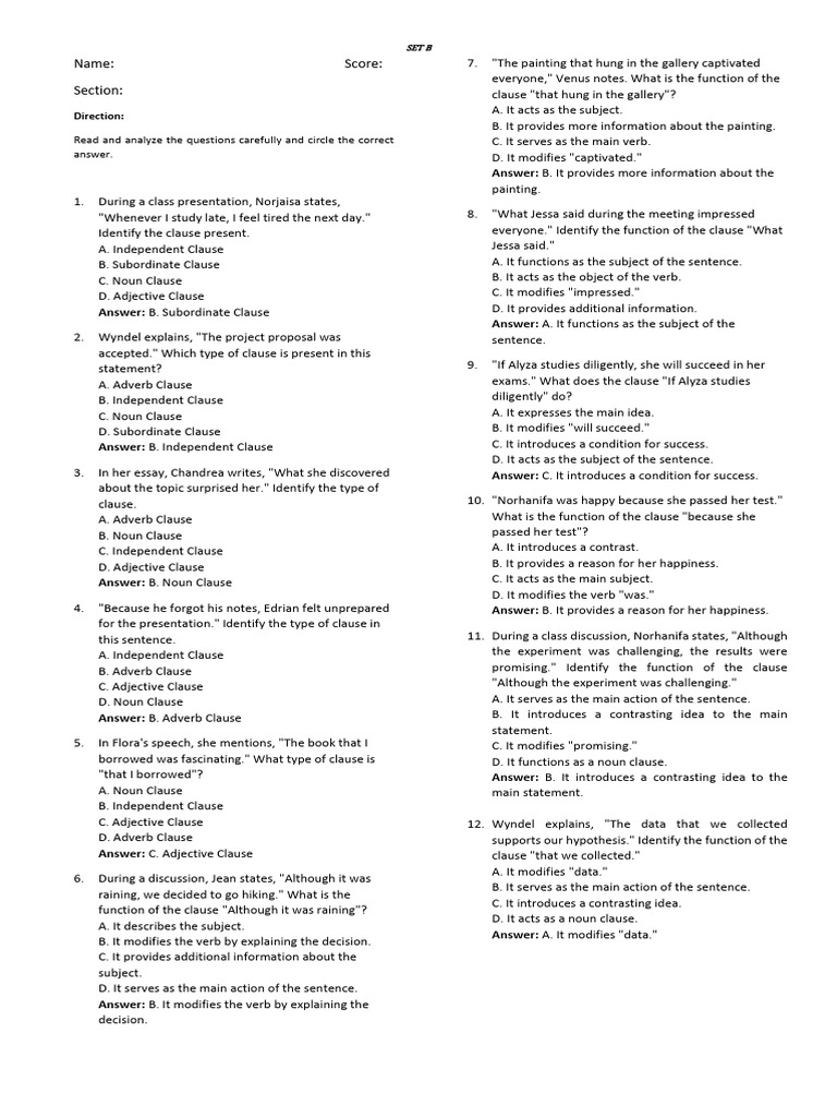 Eng028 P3 Summative (Set B - With Keys) | PDF | Adverb | Clause
