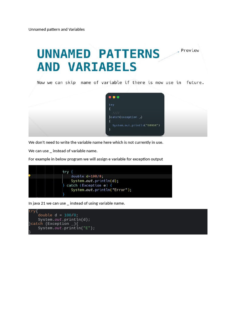 Unnamed Pattern and Variables | PDF | Variable (Computer Science) | String (Computer Science)
