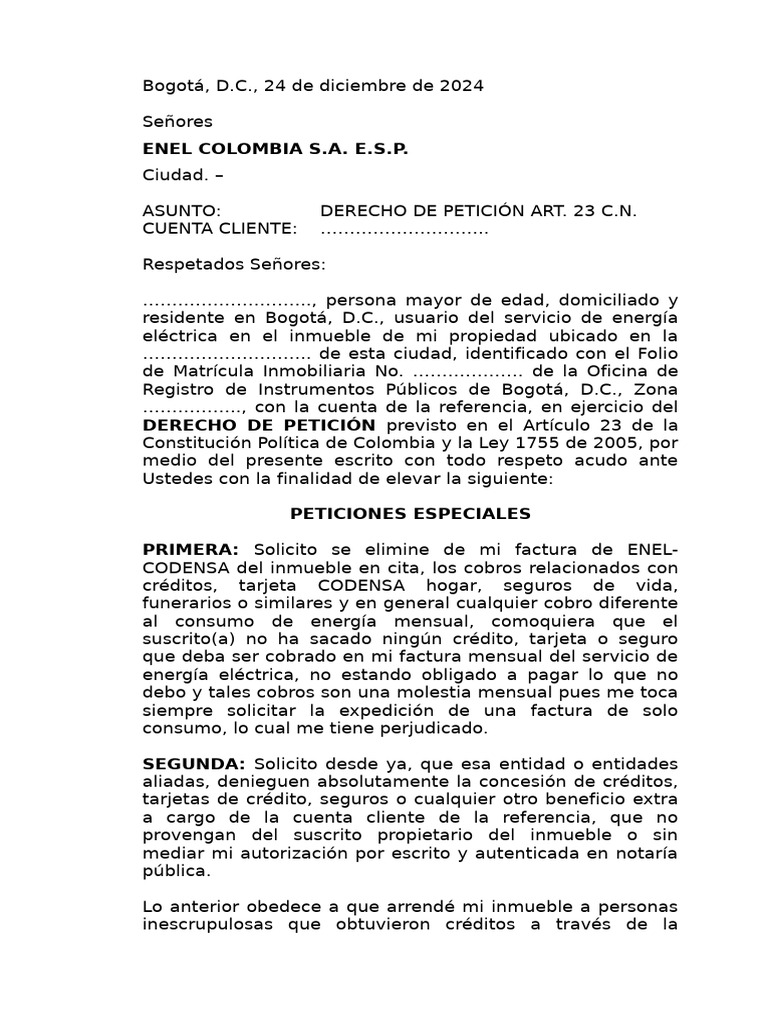 Modelo Petición Reclamo Enel Codensa Cobro de Lo No Debido | PDF