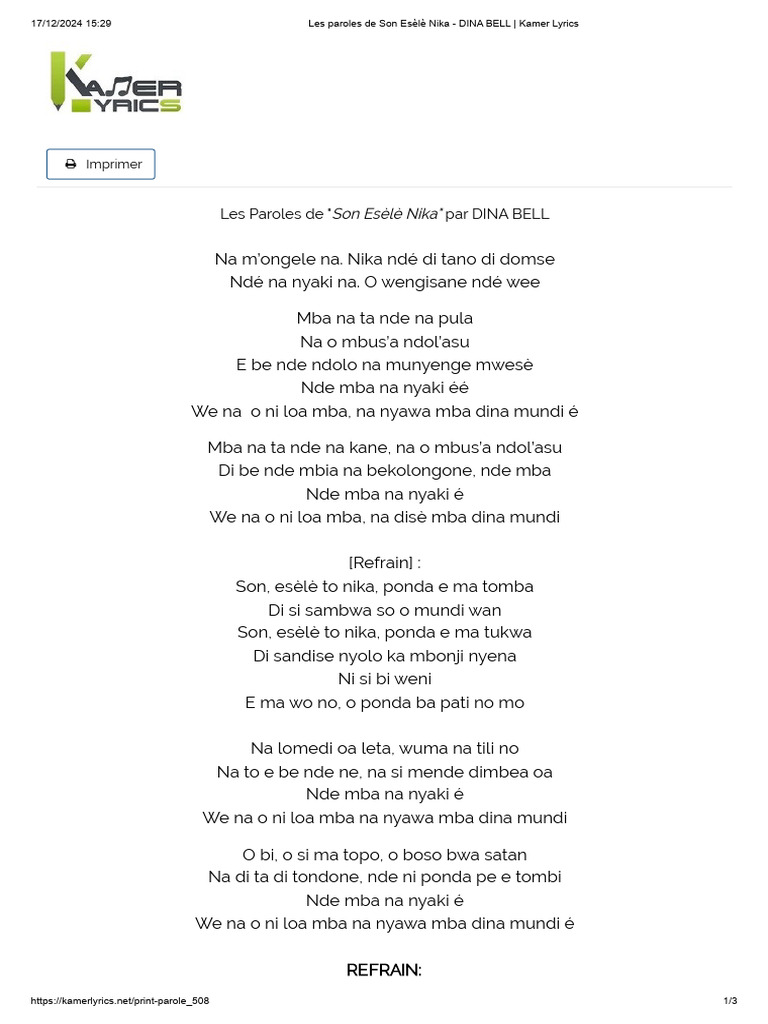 Les paroles de Son Esèlè Nika - DINA BELL _ Kamer Lyrics | PDF