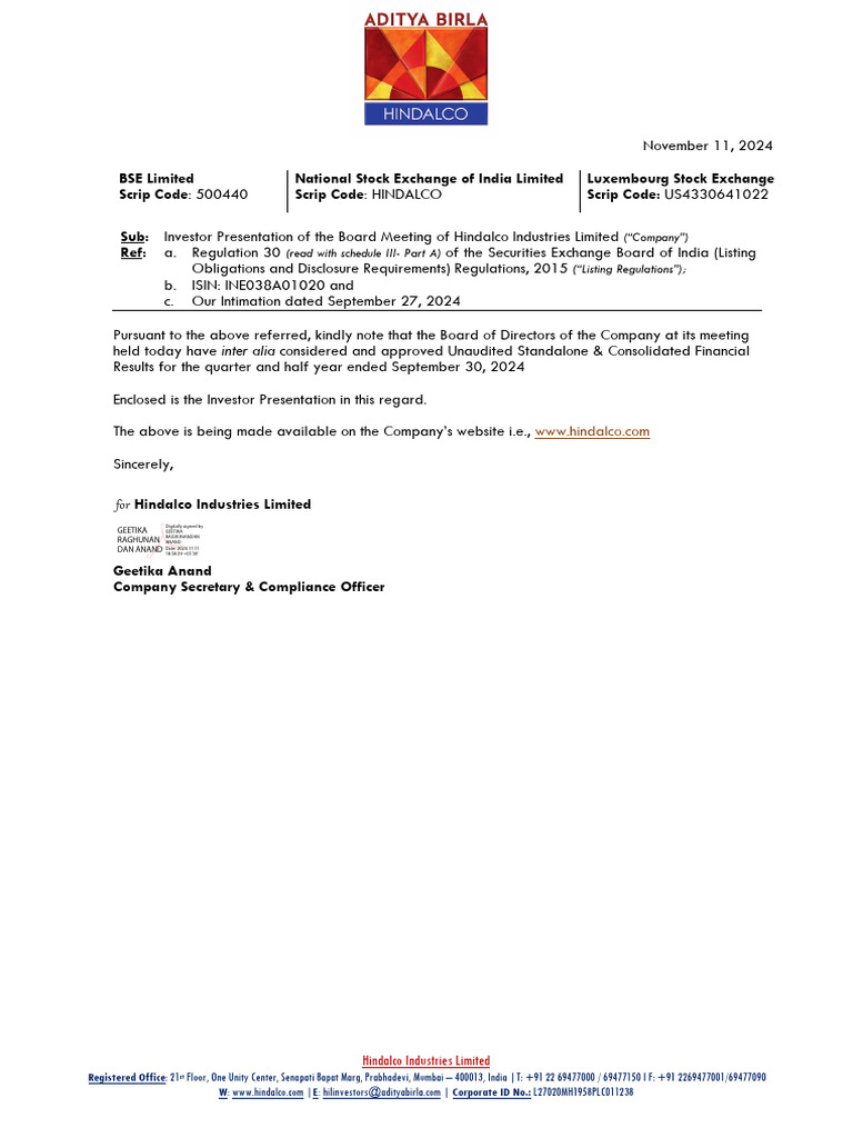 BSE Limited Scrip Code National Stock Exchange of India Limited Scrip Code Luxembourg Stock ...