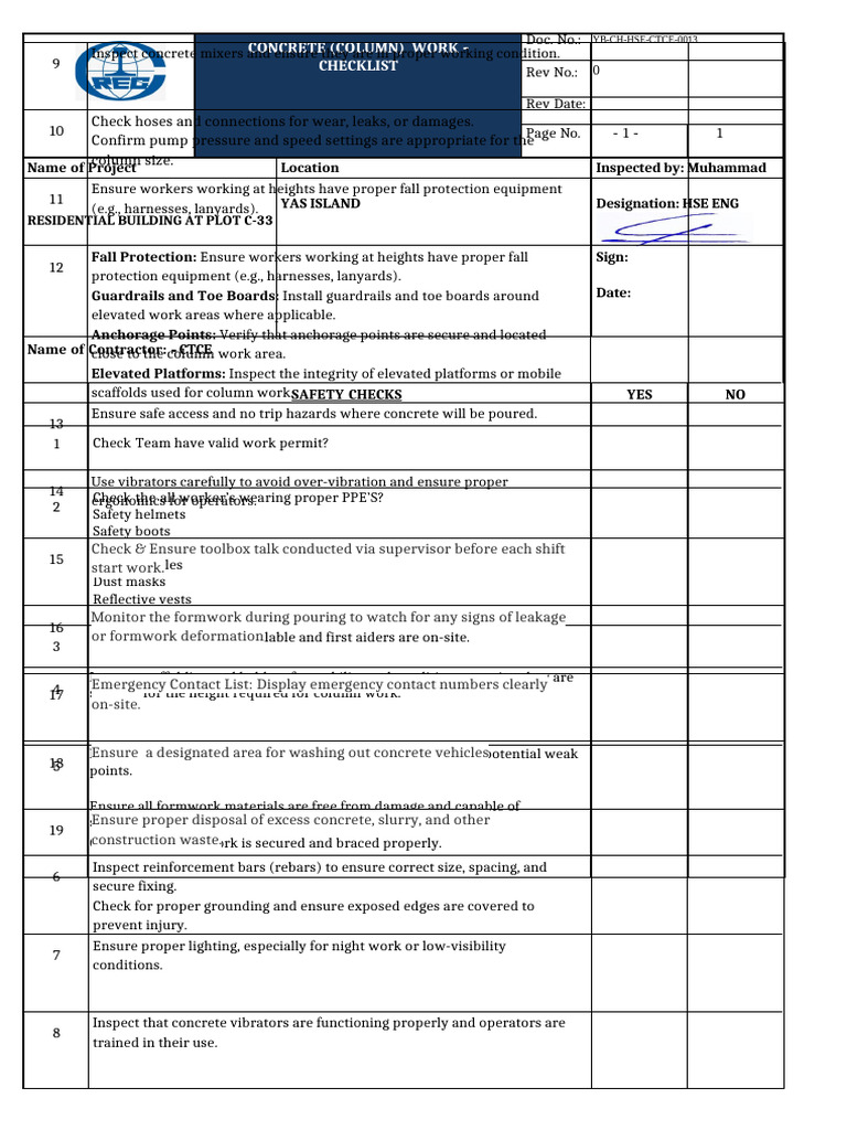 Checklist-For-Column CONCRETE | PDF | Concrete | Personal Protective ...