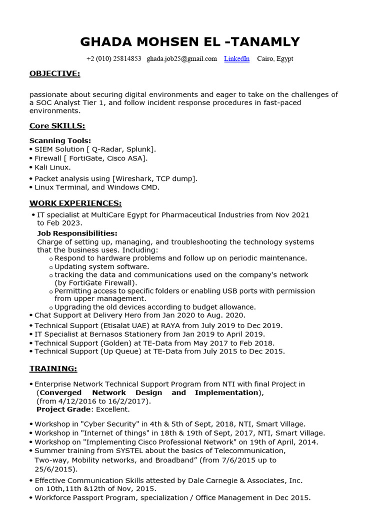 Ghada-Mohsen-SOC Analyst T1 2024-7 | PDF | Technical Support | Computer Network