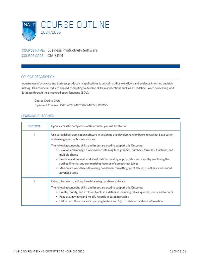 Course Outline CMIS1101 - 2024 | PDF | Databases | Spreadsheet